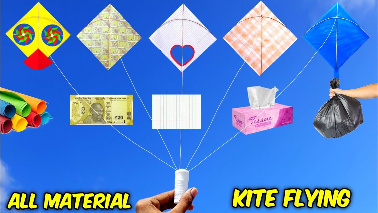 5 Different types of kite making|Easy kite idea , windmill kite , money ...