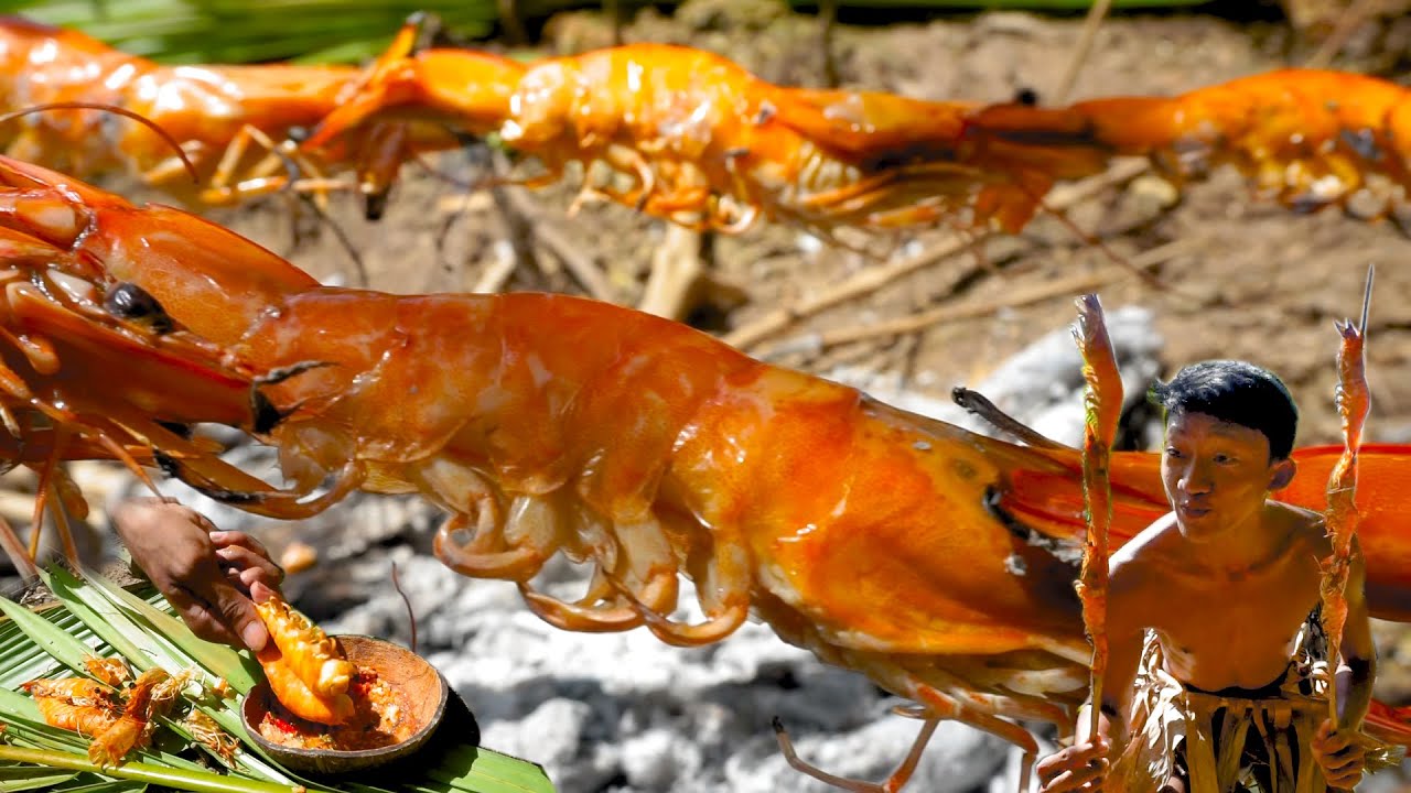 MUKBANG FRESH SHRIMP 🦐 (grilled) + HOT CHILI 🌶️🥵 | PRIMITIVE STYLE | MR ...