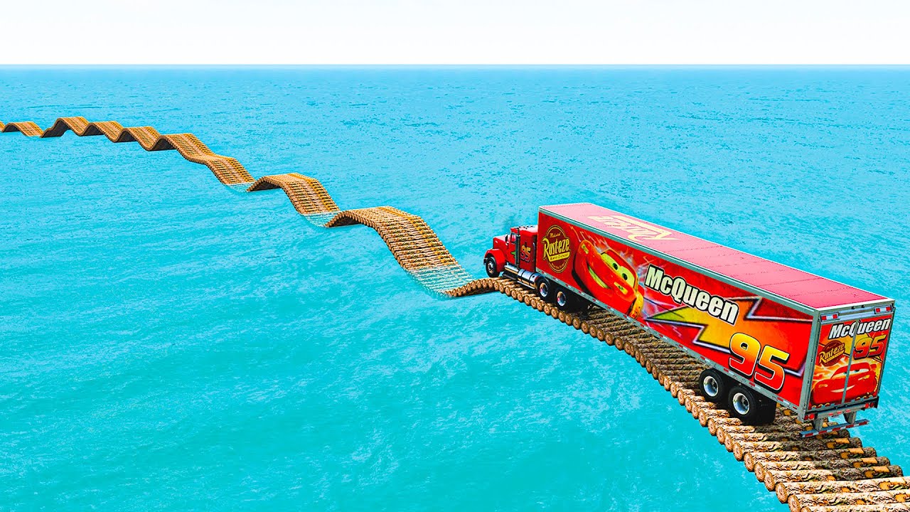 Mack Truck vs Impossible Log Wave Bridge Crossing Cars Vs Deep Water ...