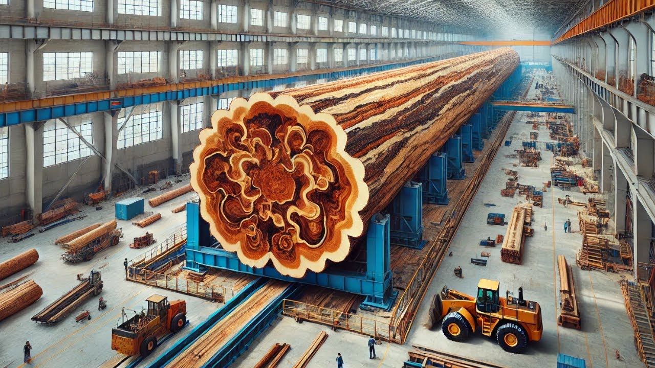 The giant wood factory operates at full capacity, with skillful wood ...