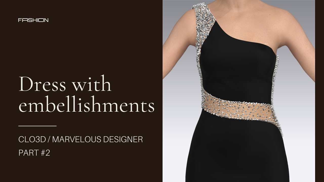 Clo/ Marvelous designer: Black dress with embellishments. Timelapse ...