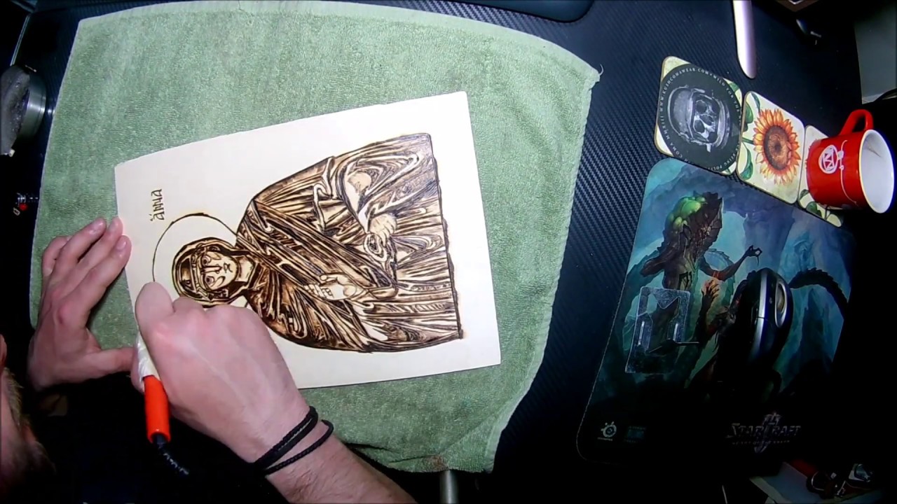 ..timelapse Pyrography on wood/ αγιογραφια της Αγιας Αννας με πυρογραφο ...