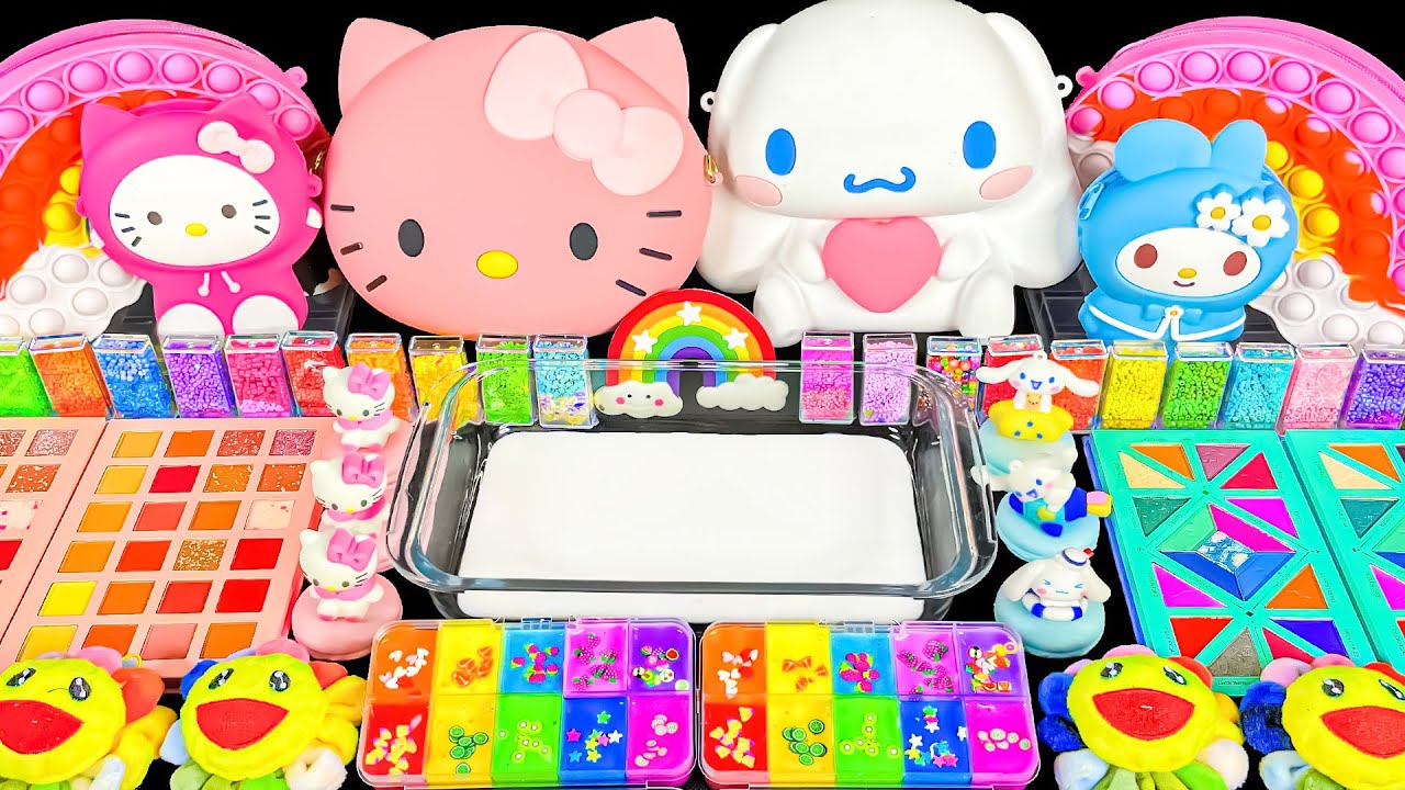 Riasan Glitter Pelangi 🌈 Slime ASMR dengan Hello Kitty dan Cinnamoroll ...