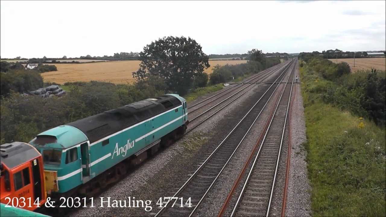 RARE! HNRC ORANGE CLASS 20's 20314 & 20311 HAUL ANGLIA 47 47714 THROUGH ...