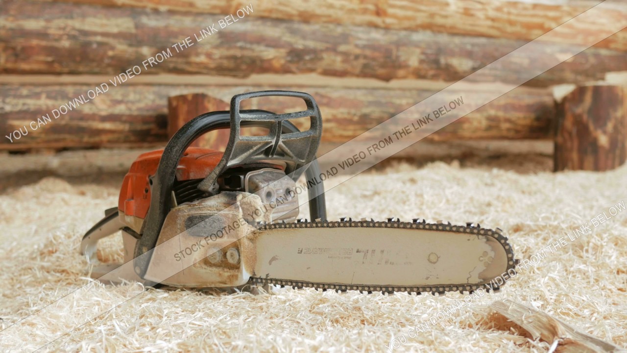 Chainsaw builder at the site of construction of a wooden house. Many ...
