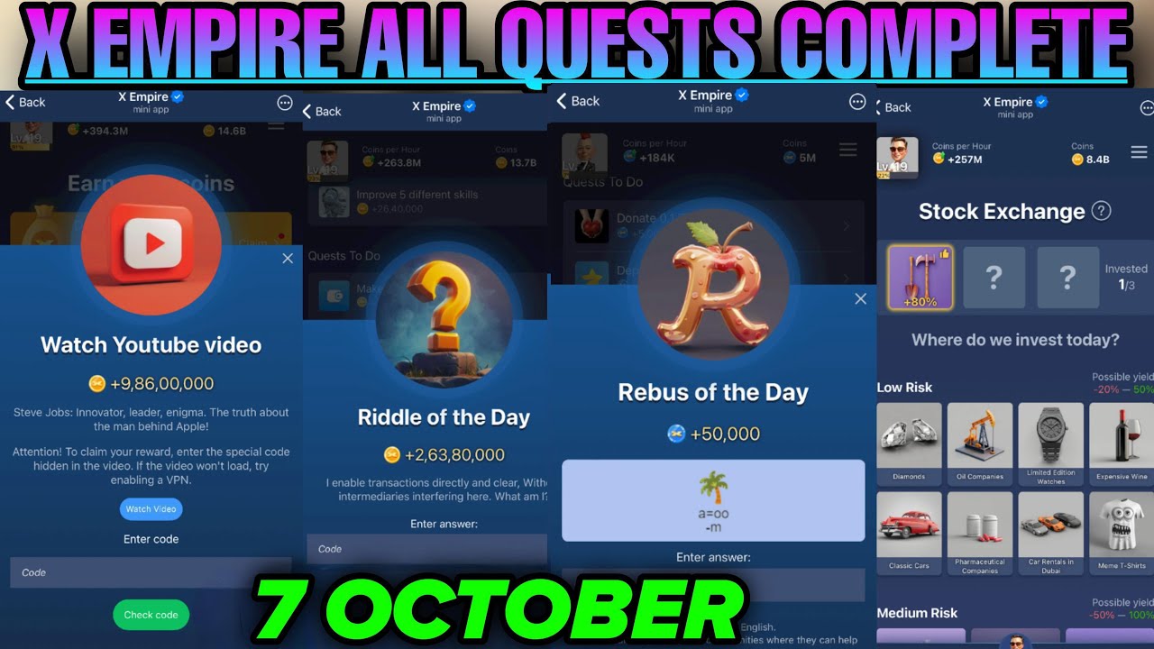 7 October All Quests Code X Empire | Youtube Video Code | Rebus Of The ...