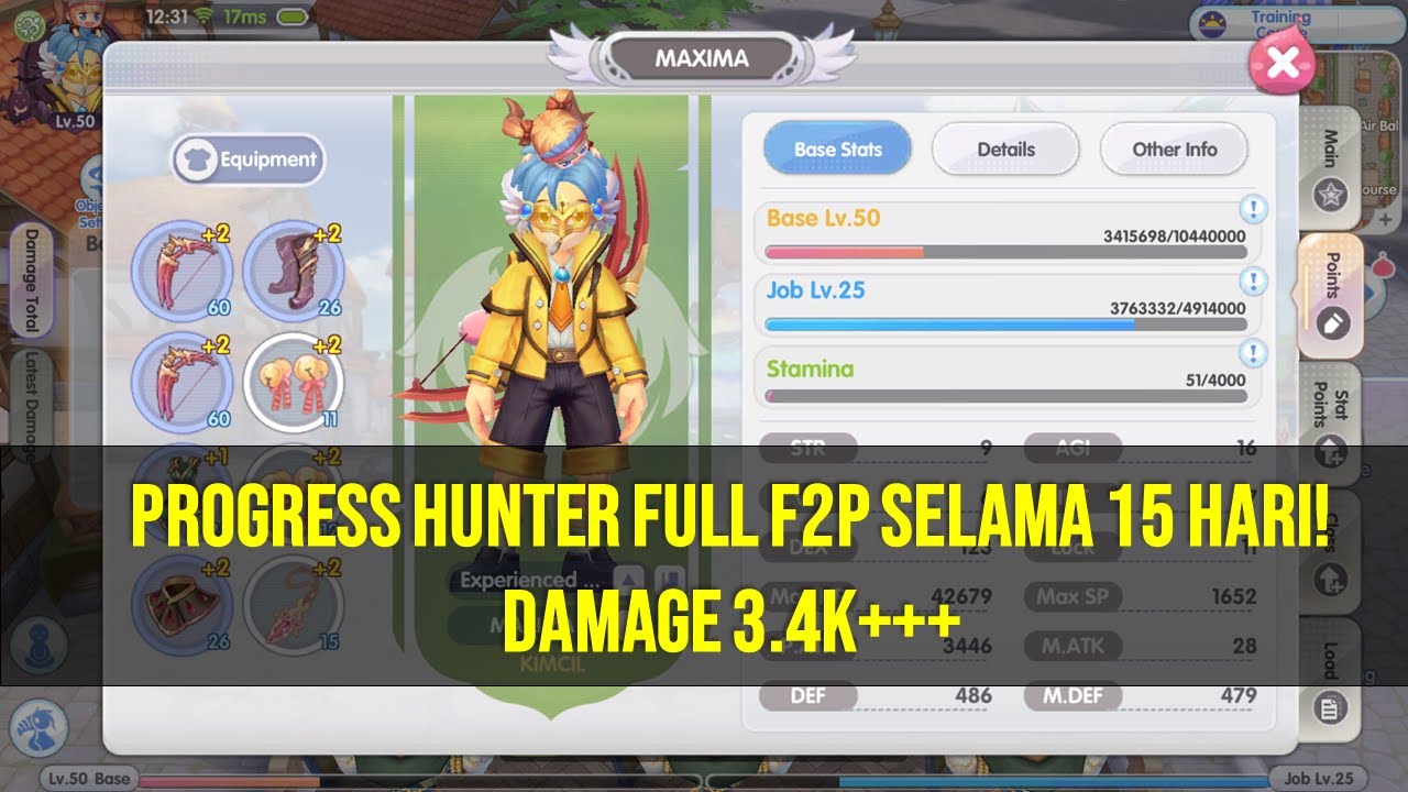 PROGRESS BUILD CHAR HUNTER GUE 15 HARI FULL F2P!! ROX RAGNAROK-X - YouTube