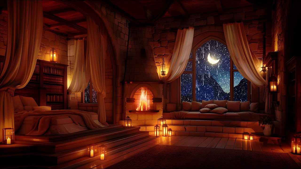 Deep Sleep in a Cozy Castle Bedroom - Rain, Fireplace and Thunderstorm ...