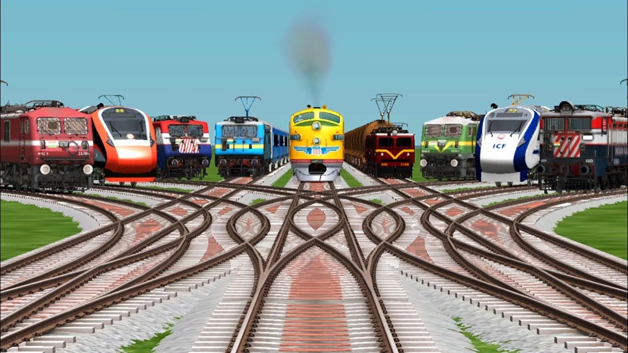 Nine Mega Trains Crossing By Bumpy Forked Railroad Tracks | gaming ...