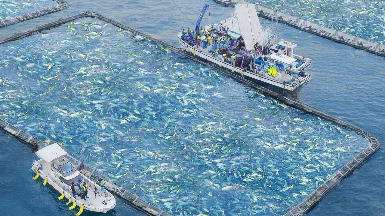 Japan’s Genius Offshore Fish Farm Harvests Millions of Fish - YouTube