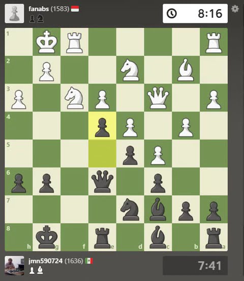 piezas blancas abandonan al no evitar perder dama en f6 y recibir mate ...