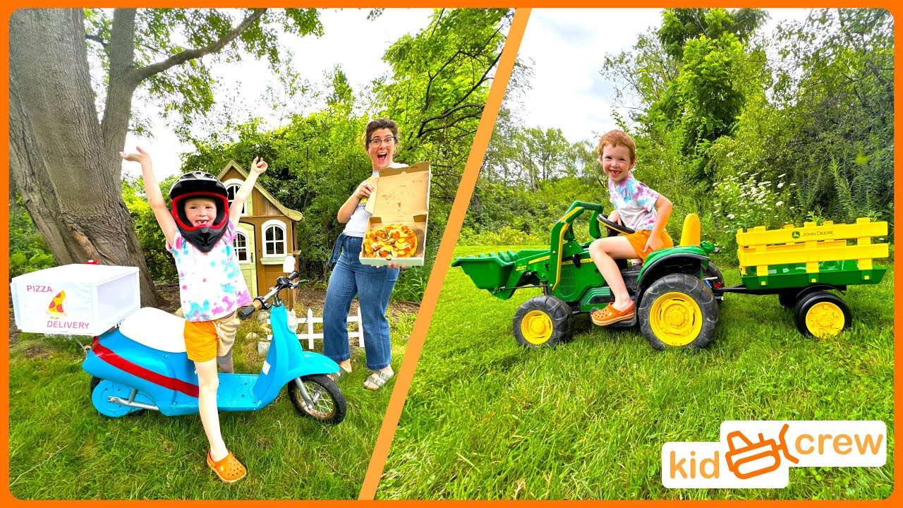 Farm fresh pizza with kids ride on tractor, motorcycle, cooking and ...