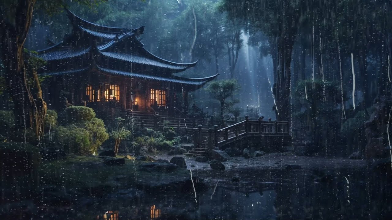 HEAVY RAIN on China Temple. Sleep Instantly to Rain on Japanese Roof ...