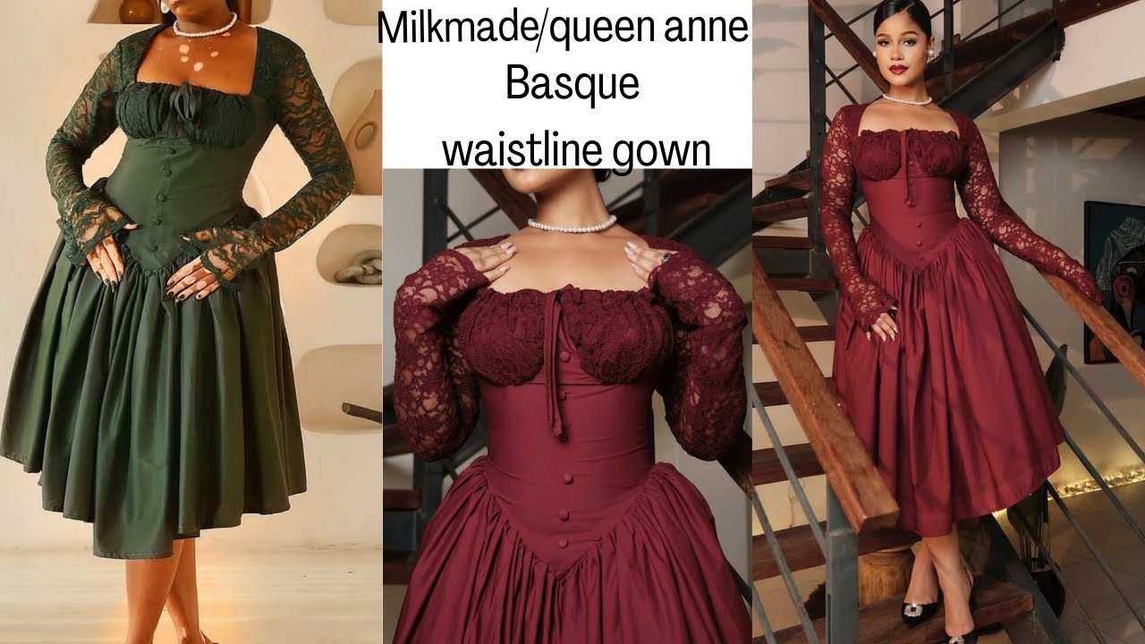 Trendy milkmade gown with basque waistline, gathers and queen anne ...