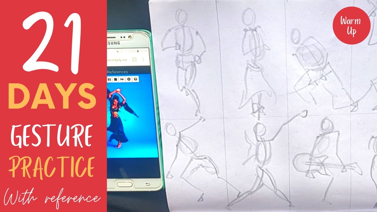 30 second gesture drawing warm up session / 10 action poses / step by ...