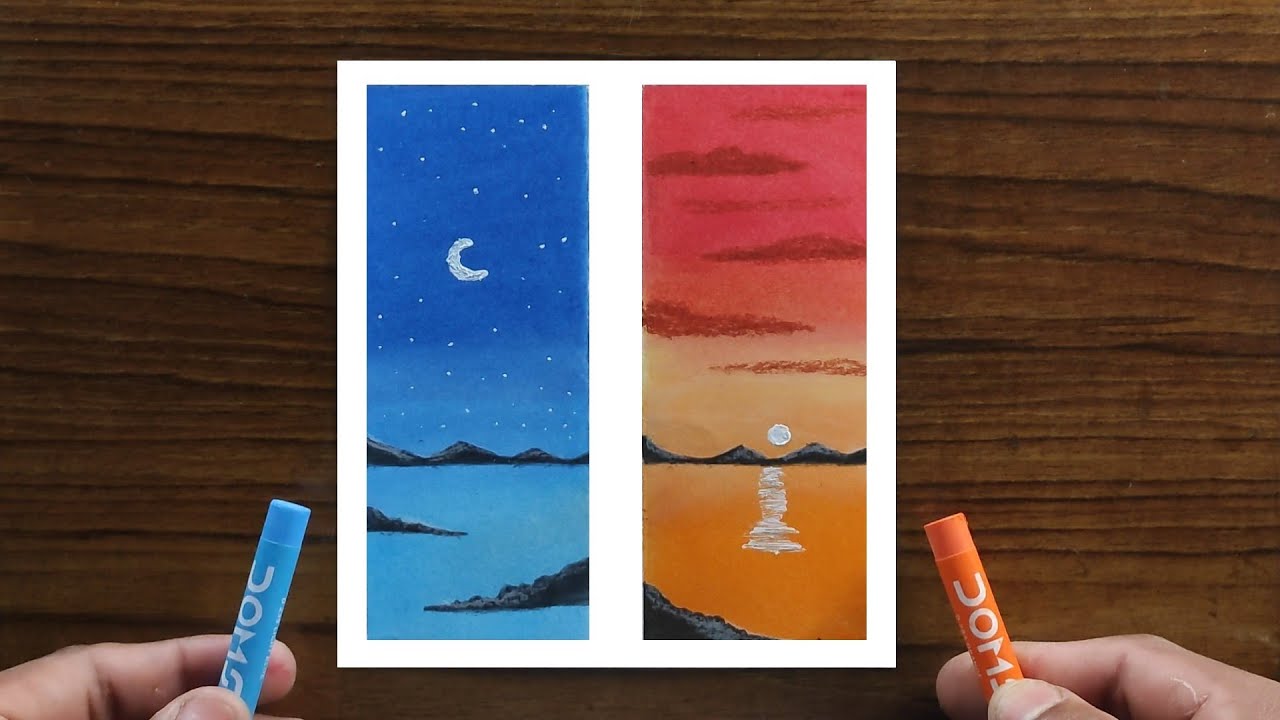 Moon night and sunset drawing || Day and night scene drawing for ...