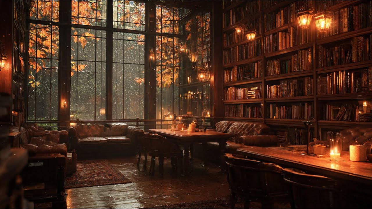 Vintage Library Ambience – Rain Sounds, Fireplace & Cozy Reading Room ...
