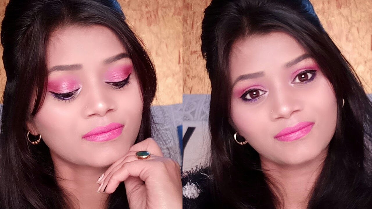 rose pink eye makeup look for valentine day ||pink eye and lips makeup ...