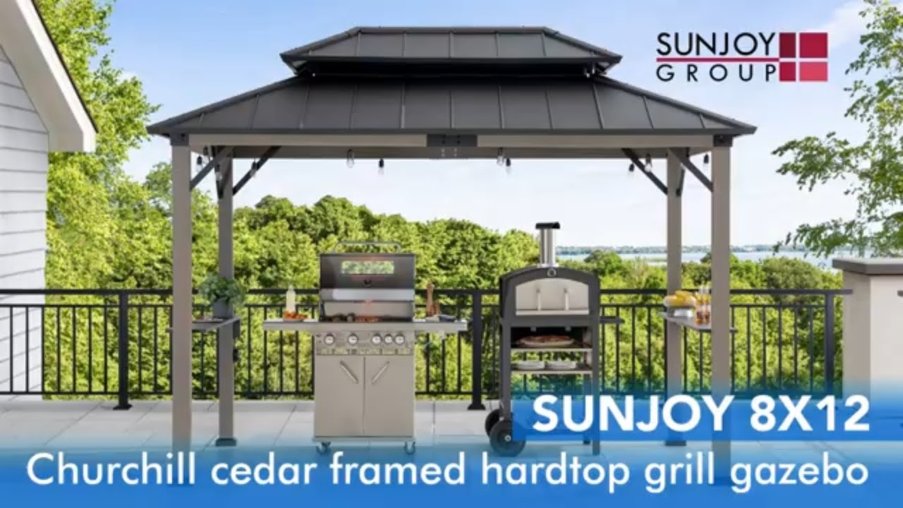 Sunjoy 8 x 12 DIY Cedar Frame Grill Gazebo With Electrical Outlets ...
