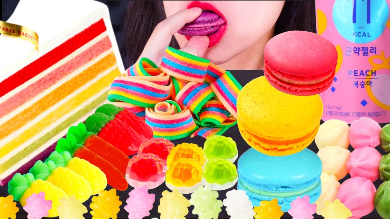 ASMR RAINBOW DESSERT CAKE JELLY GUMMY MACARON STAR CANDY HARIBO 레인보우 ...