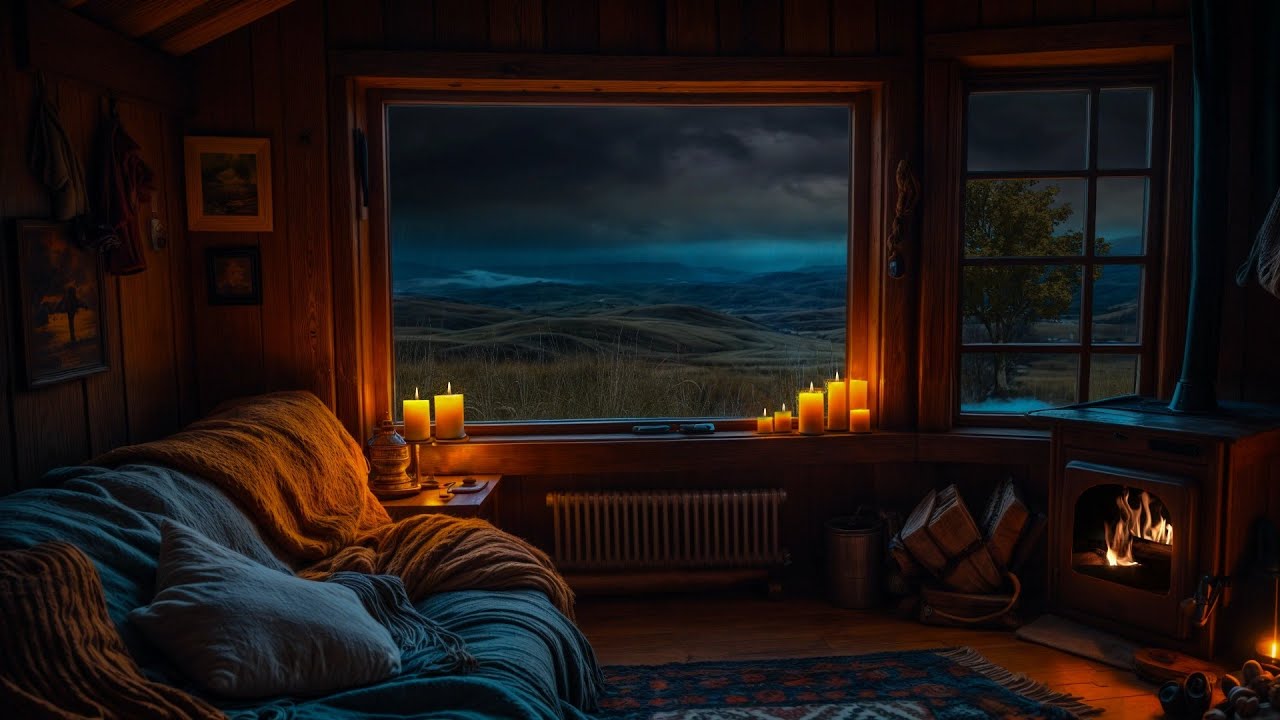 Cozy Cabin Retreat ⚡Crackling Fire and Candlelight While the Storm ...