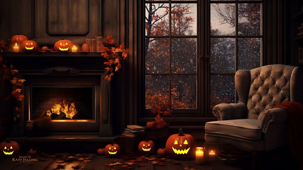 Autumn Rain Ambience with Halloween Ambience | Fireplace & Autumn Rain ...