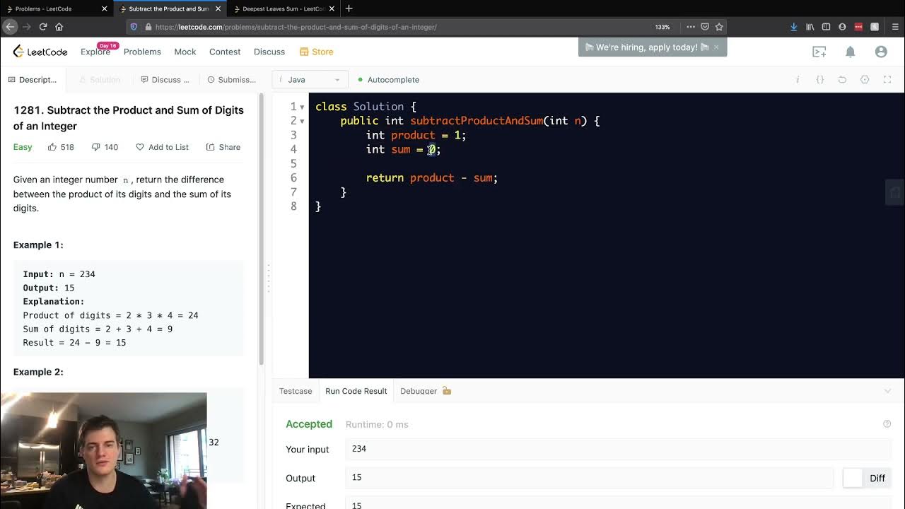 Leetcode Solution - 1281 Subtract the Product and Sum of Digits of an Integer - YouTube