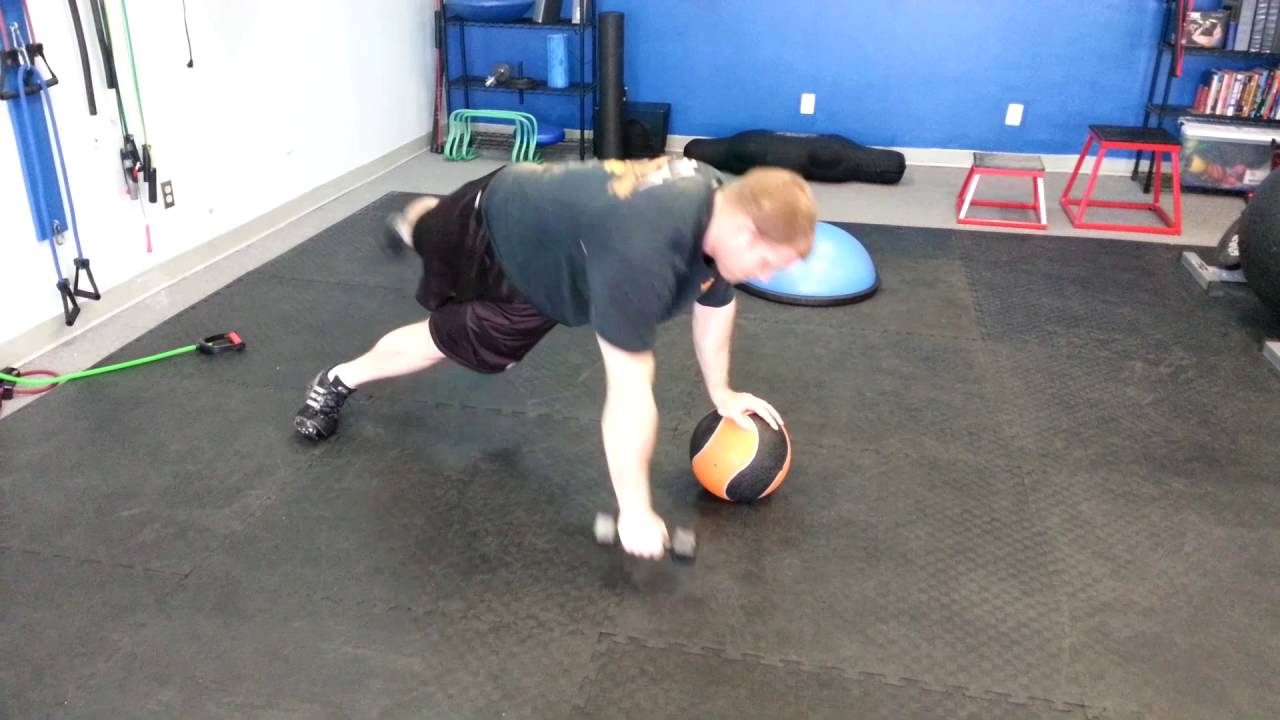 Push Up into T with Dumbbell from Medicine Ball - YouTube