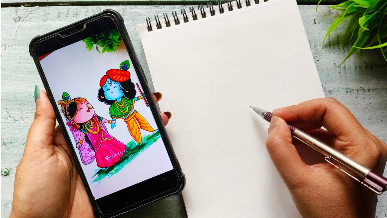 Cute Little Radha Krishna Drawing, Outline Tutorial Step by Step, Radha ...