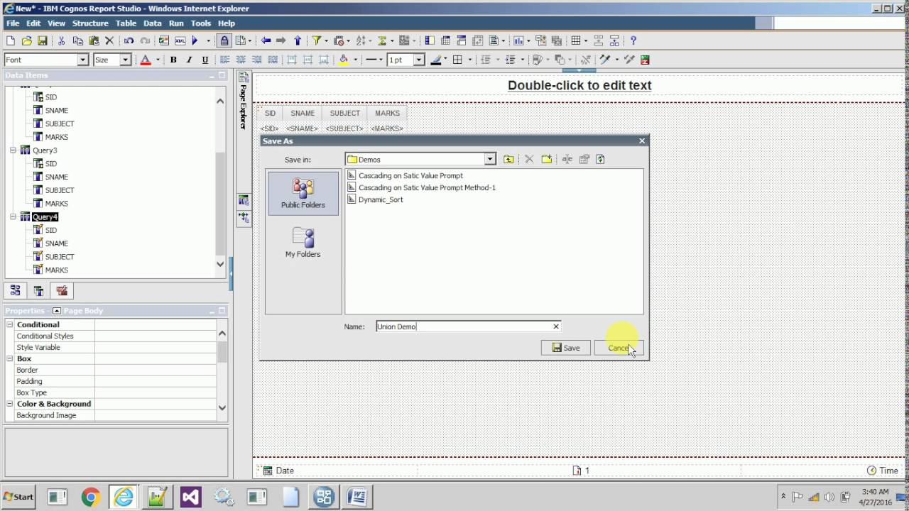IBM Cognos 10 - Report Studio : Union & Union All - YouTube