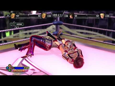 Rumble Rose XX: Dixie Clemet & Sgt. Clemet vs Reiko Hinomoto & Rowdy Reiko tag team gameplay video