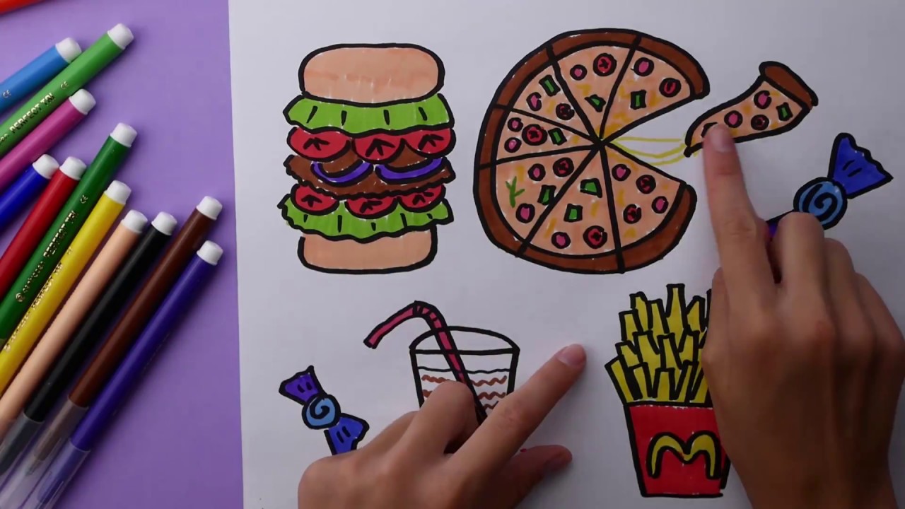 How To Draw Food for Kids. Coloring pizza burger soda potatoes fried ...