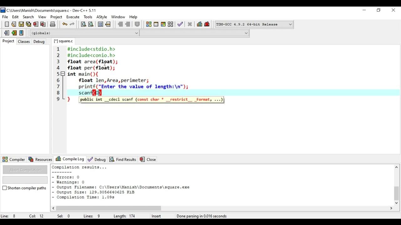 Area and perimeter of a square using function . #cprogram #innepali ...
