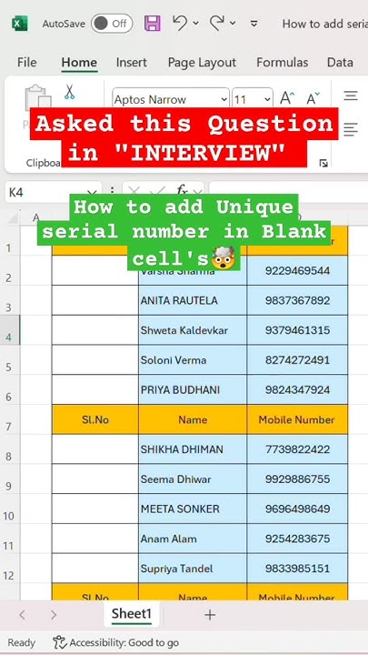 How To Add Unique Serial Number To Blank Cell Excelformula Exceltips Exceltricks Newexcel 2182