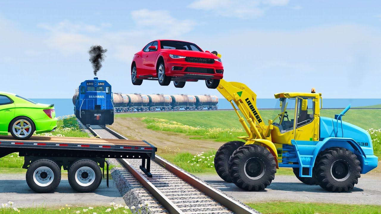 Heavy Bulldozer Flatbed Tractor Truck Rescue Stuck Car - Cars vs Train ...
