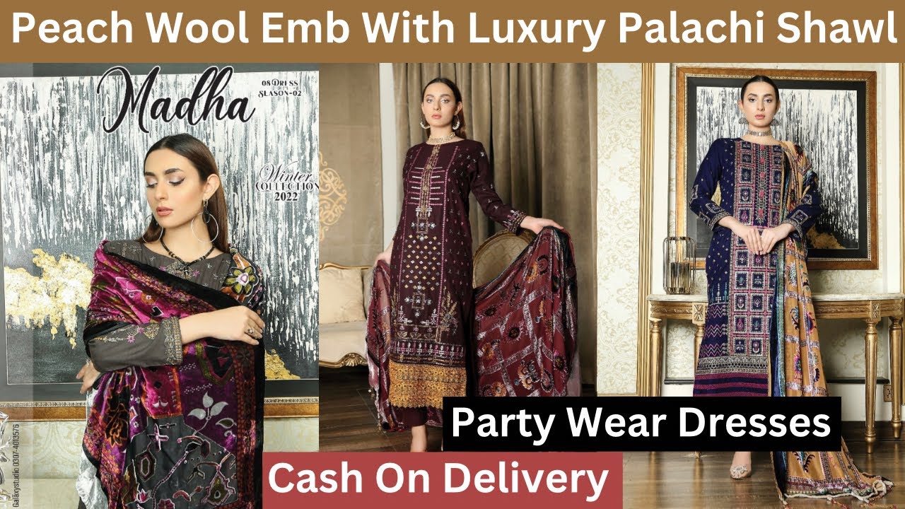 Madha Peach Wool Emb With Luxury Palachi Shawl | Party Wear Dresses ...