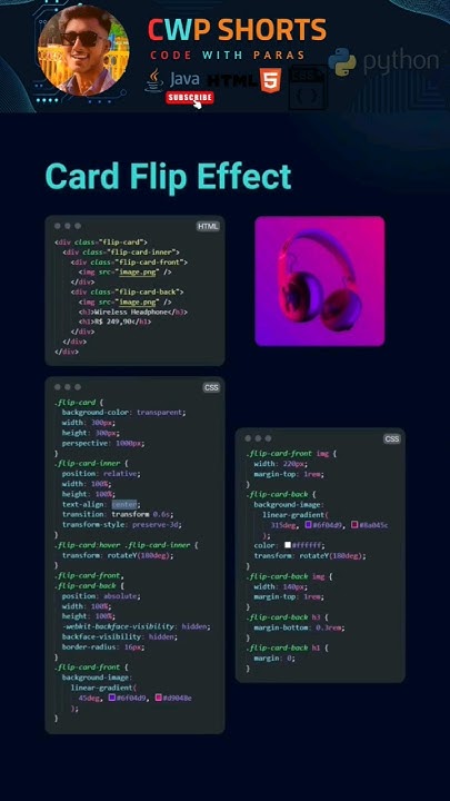 CARD FLIP EFFECT || CSS AND HTML CODE #css #viral #trending #trending #htmlcode @CodeWithparas ...