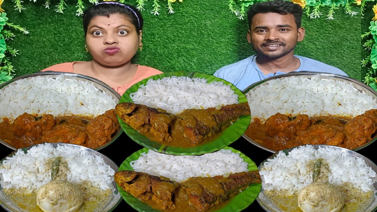 Fish curry , Dim bhapa , Chicken curry with rice eating challenge//dim ...