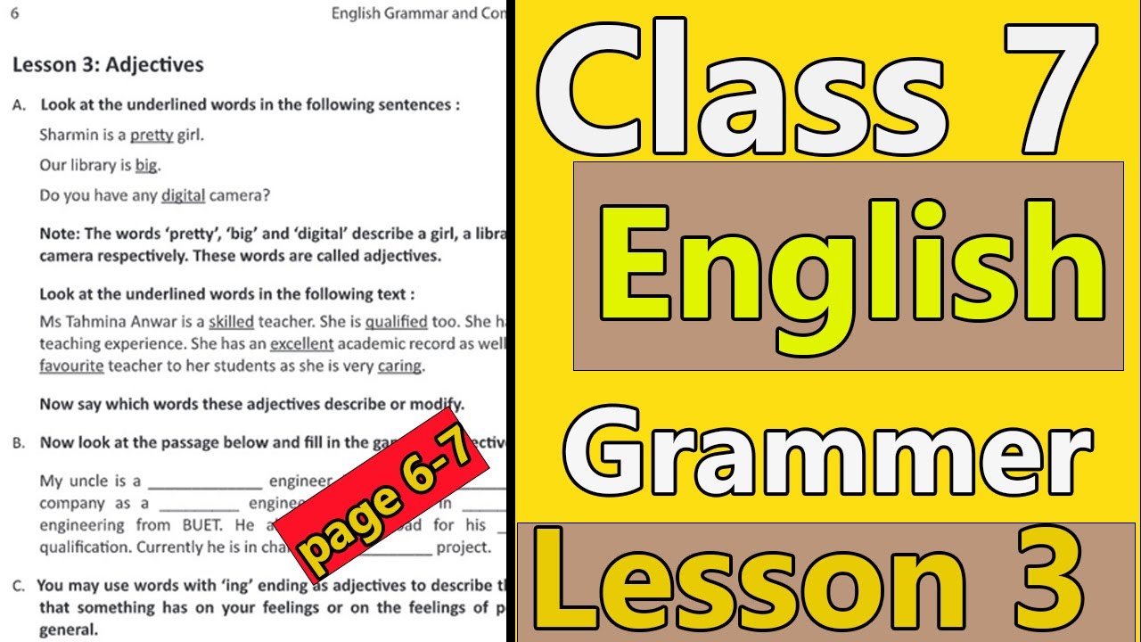 class 7 english grammer 2025 । page 6-7 । Adjective। Lesson 3। class 7 english grammer chaperter ...