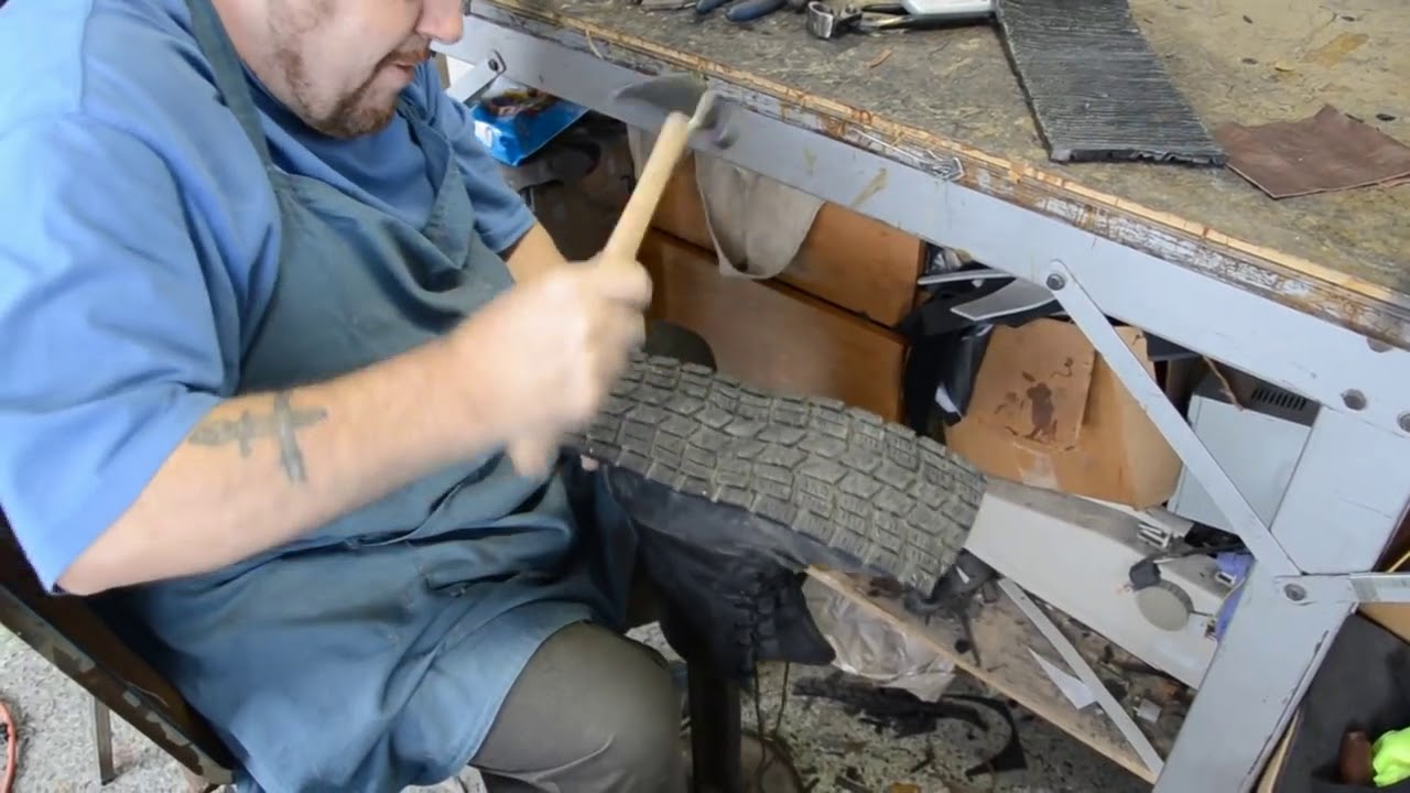 Shoe repair resole boots with freecycled winter tire - YouTube