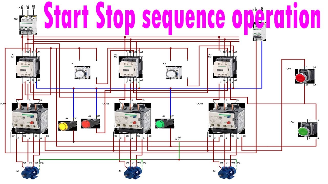 Start stop sequence operation Using On Delay Timer | 3 Phase Motor ...