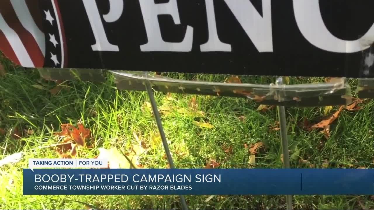 Booby-trapped campaign sign injures county worker - YouTube