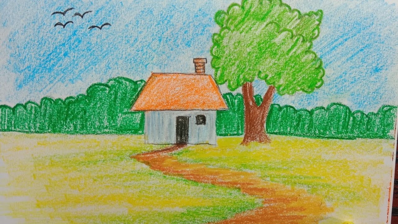 House Landscape Drawing // How To Draw House Landscape with tree - YouTube
