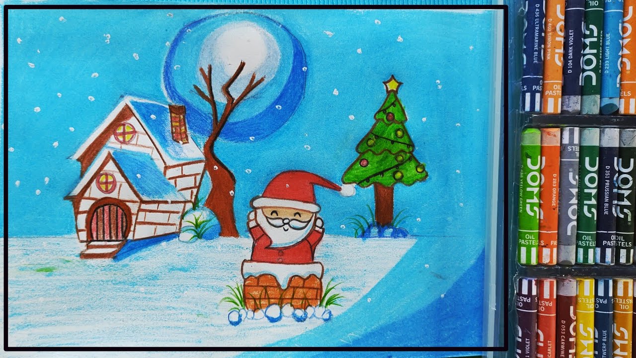Easy Christmas Scenery Drawing / Easy Winter Scenery Drawing / Santa ...