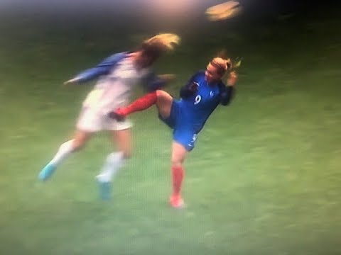 Eugenie Le Sommer boots US player Dahlkemper in the crotch with studs raised