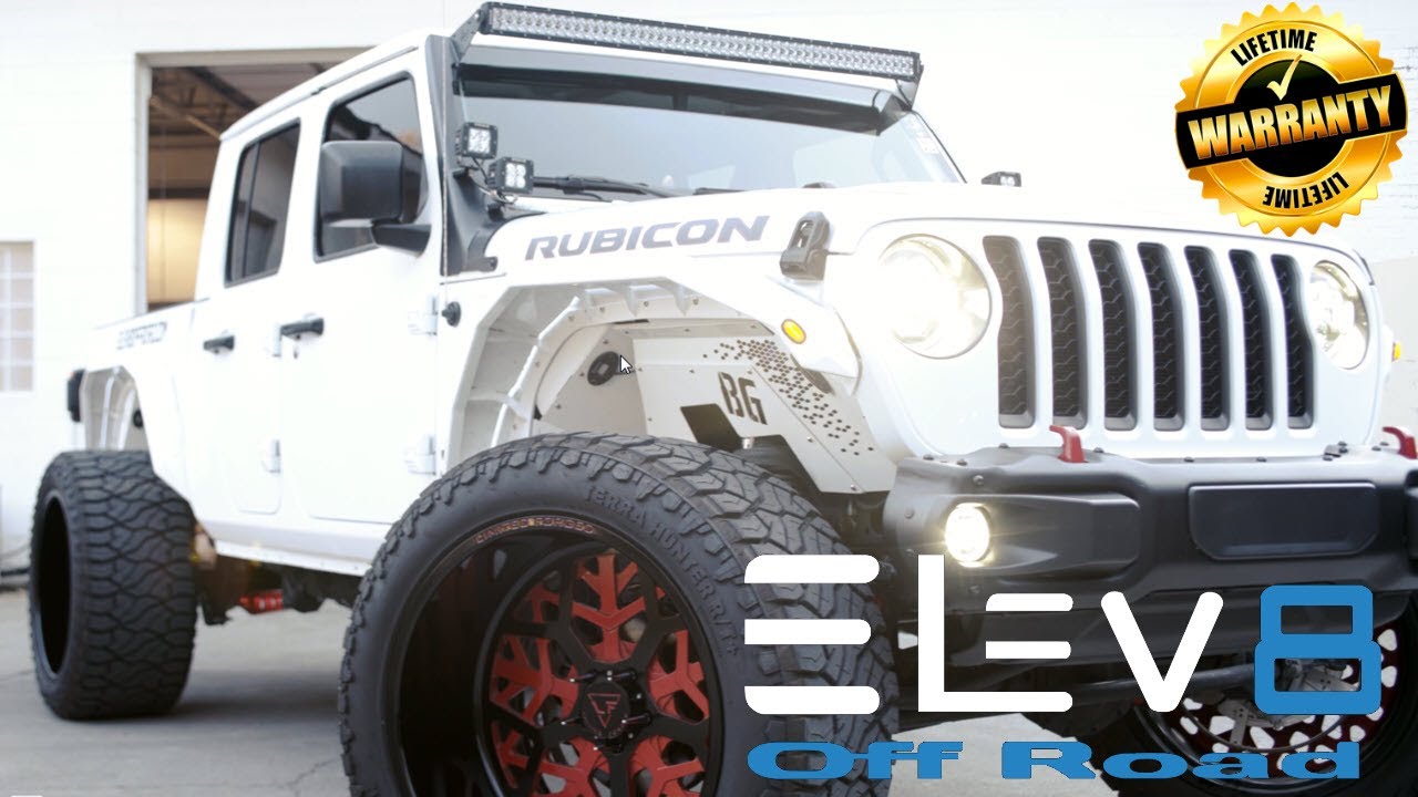 White 2022 Jeep Gladiator with 3 5 inch Elev8 Off Road Control Arms and Quake LED Light Kit ...