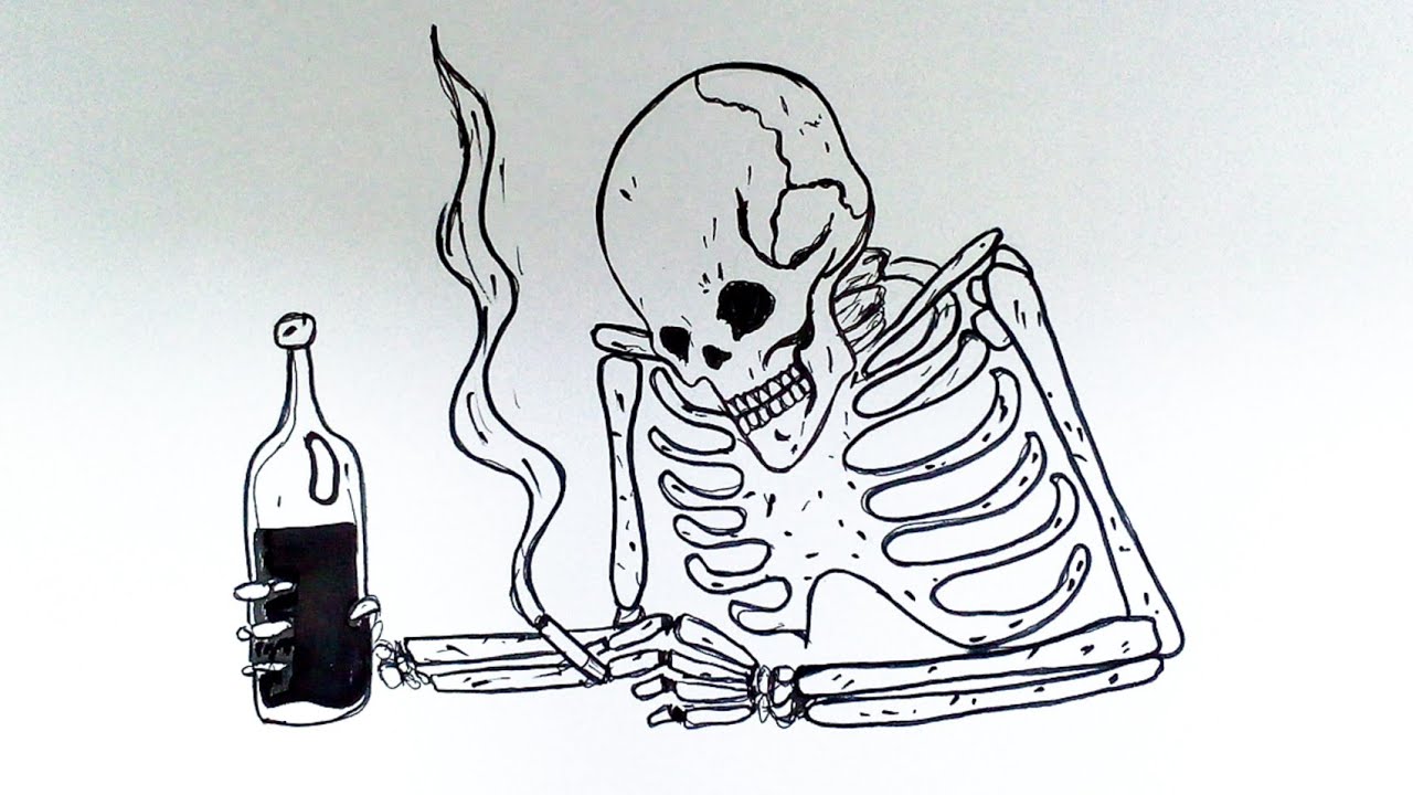 Skeleton Smoking A Cigarette Drawing
