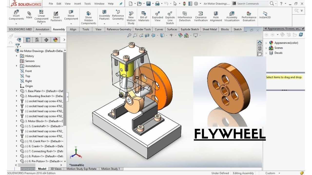 SolidWorks Air Motor Assembly - 8. Flywheel - YouTube