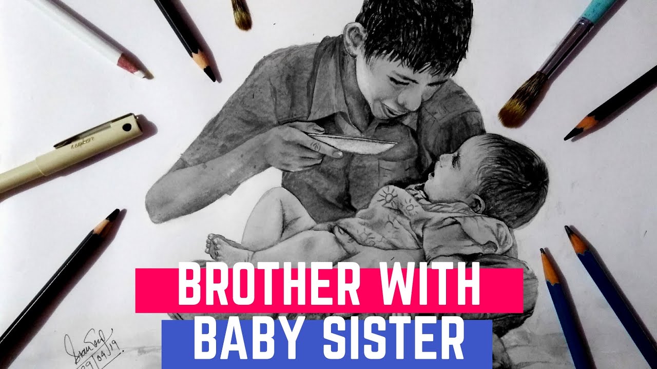 Realistic Drawing #5 - Brother with Baby Sister | Pencil Sketch ...