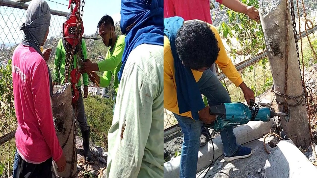 FALLEN ELECTRIC POST REMOVAL USING CHAIN BLOCK AND JACKHAMMER - YouTube